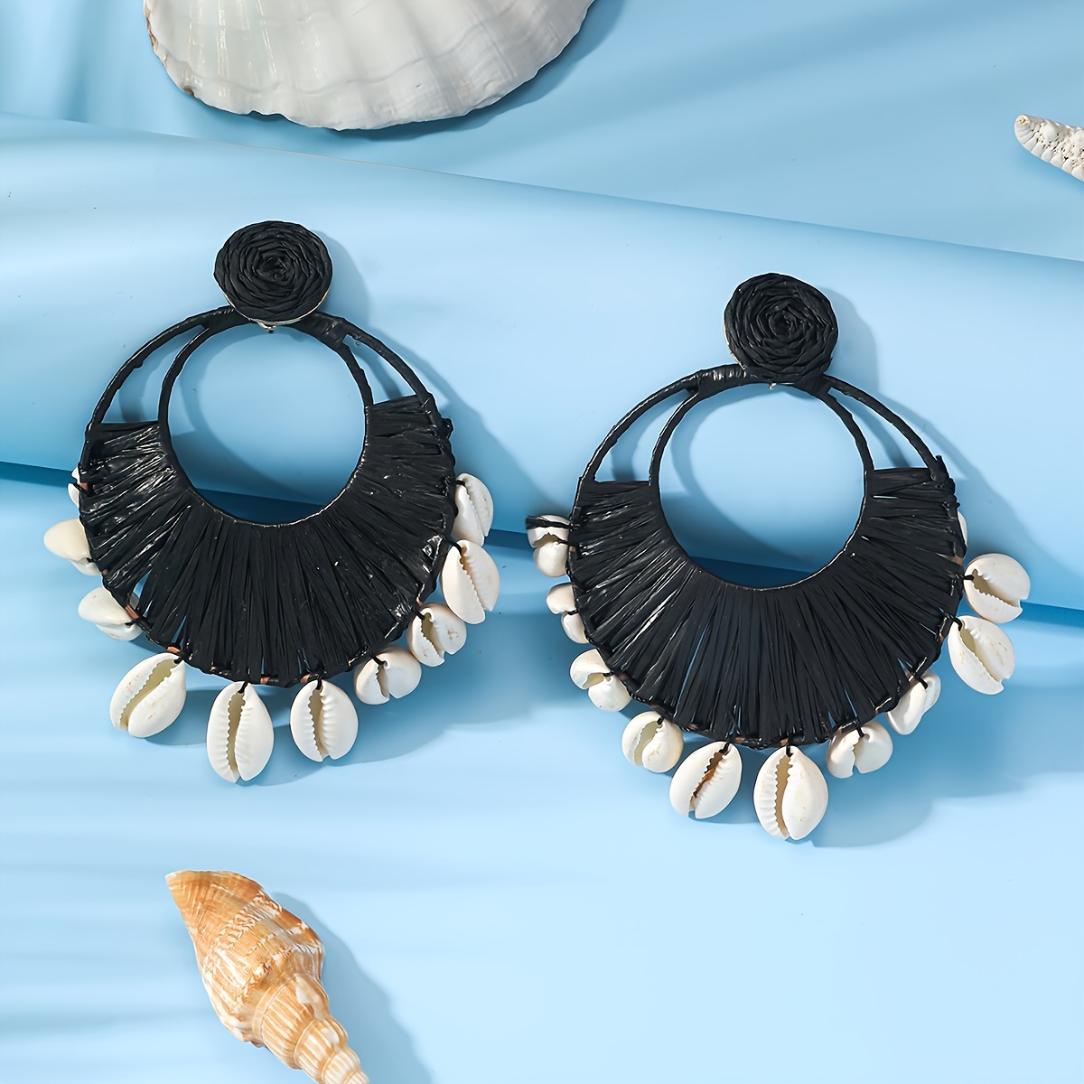 Black Rope Wrapped Shell Pendant Round Dangle Earrings - Temu United ...