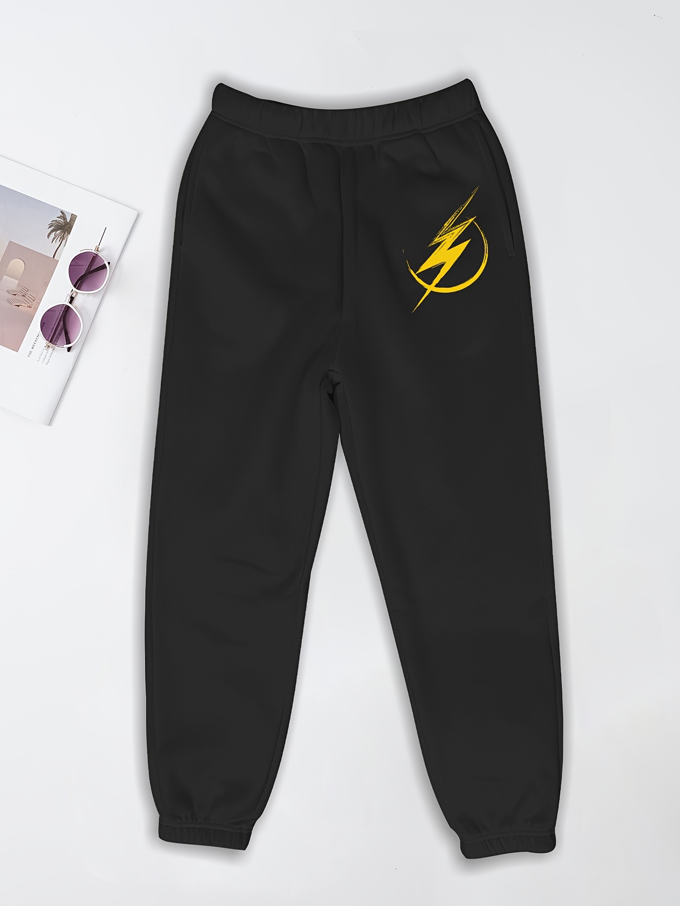 Lightning Print Drawstring Elastic Sweatpants Solid High Temu Australia