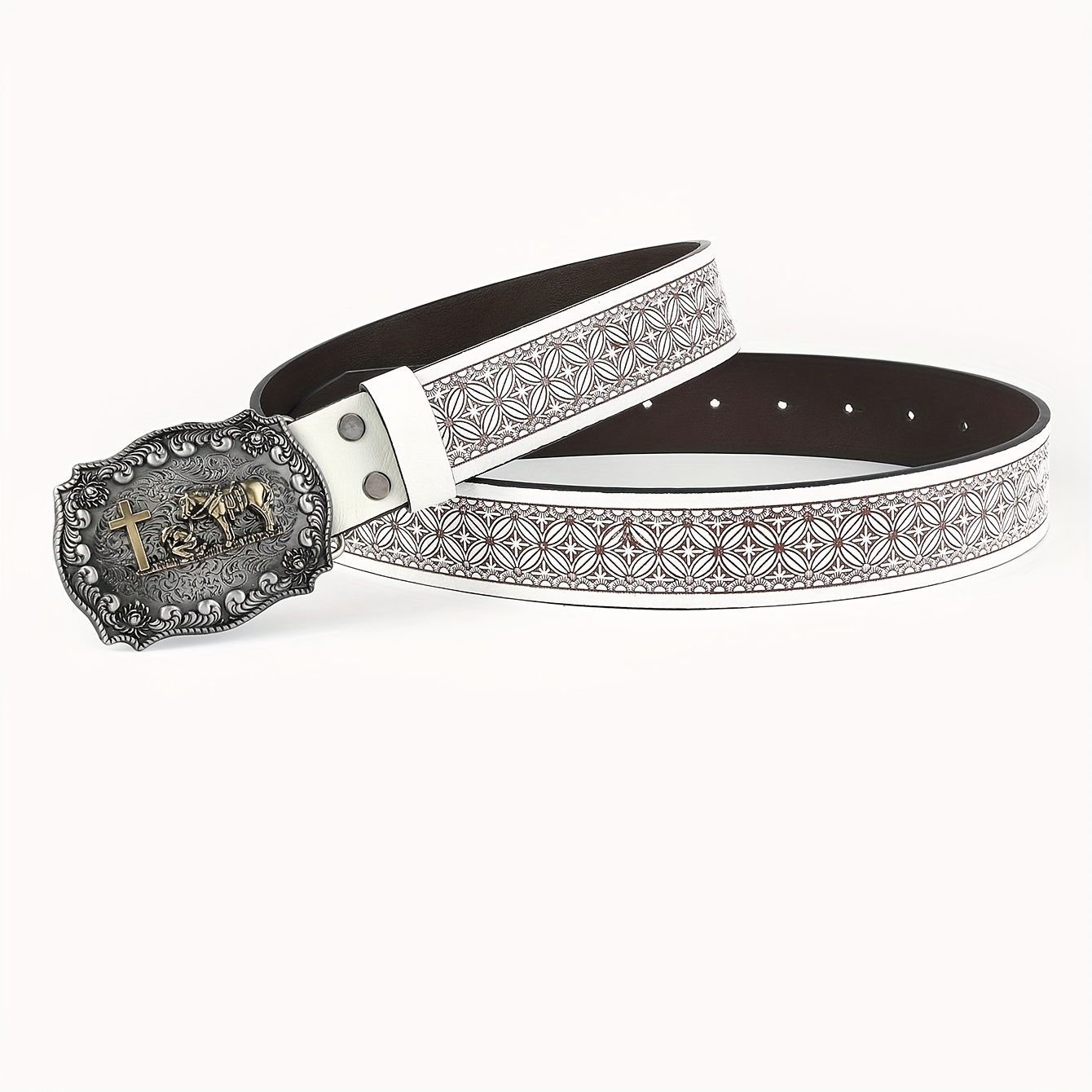 1pc Mens Belt With Alloy Horse Buckle White Color Fashionable Octagonal ...