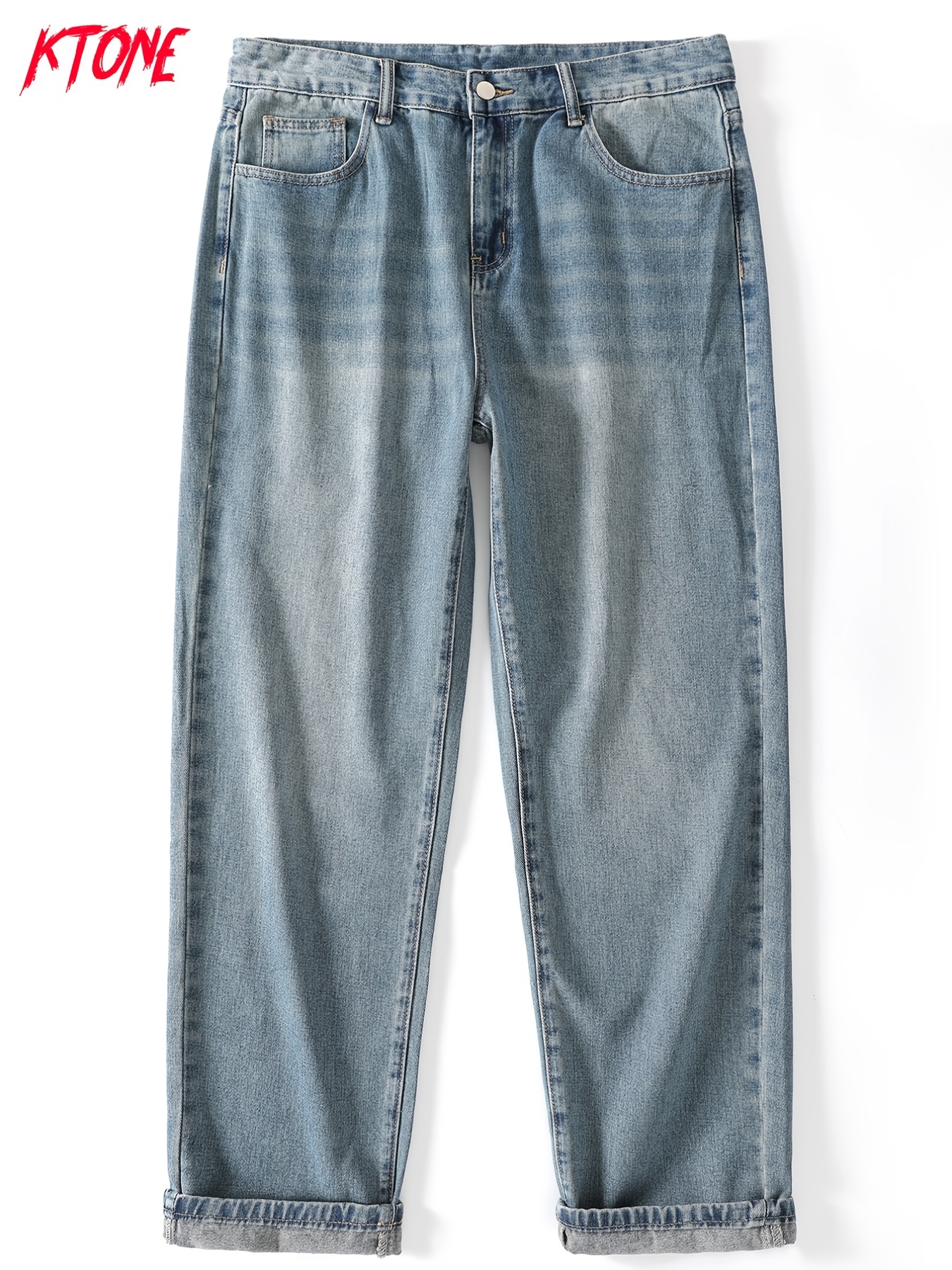 Mens Fashion Faded Straight Leg Light Blue Jeans Quick - Temu Australia