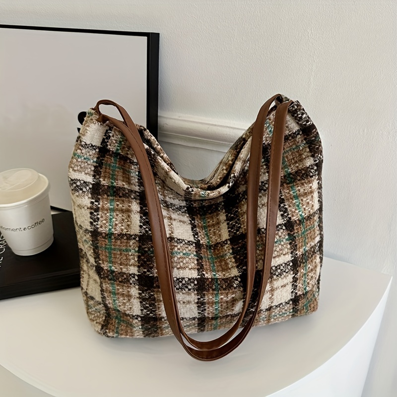 Classic Plaid Pattern Shoulder Bag, All-match Textured Handbag For ...