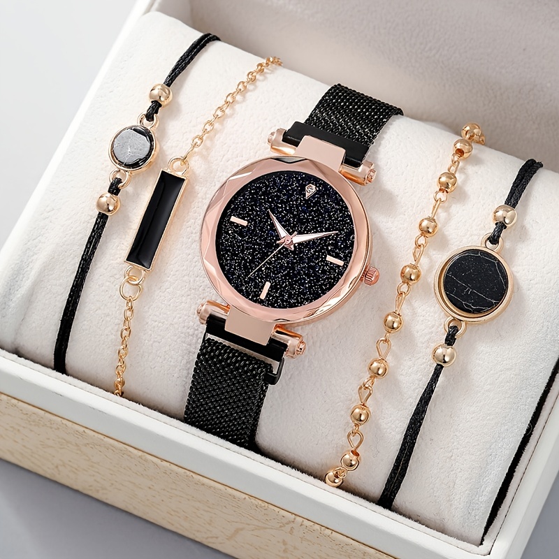 1pc Star Sky Surface Watch Women's Milan Band Quartz Magnetite & 4pc ...