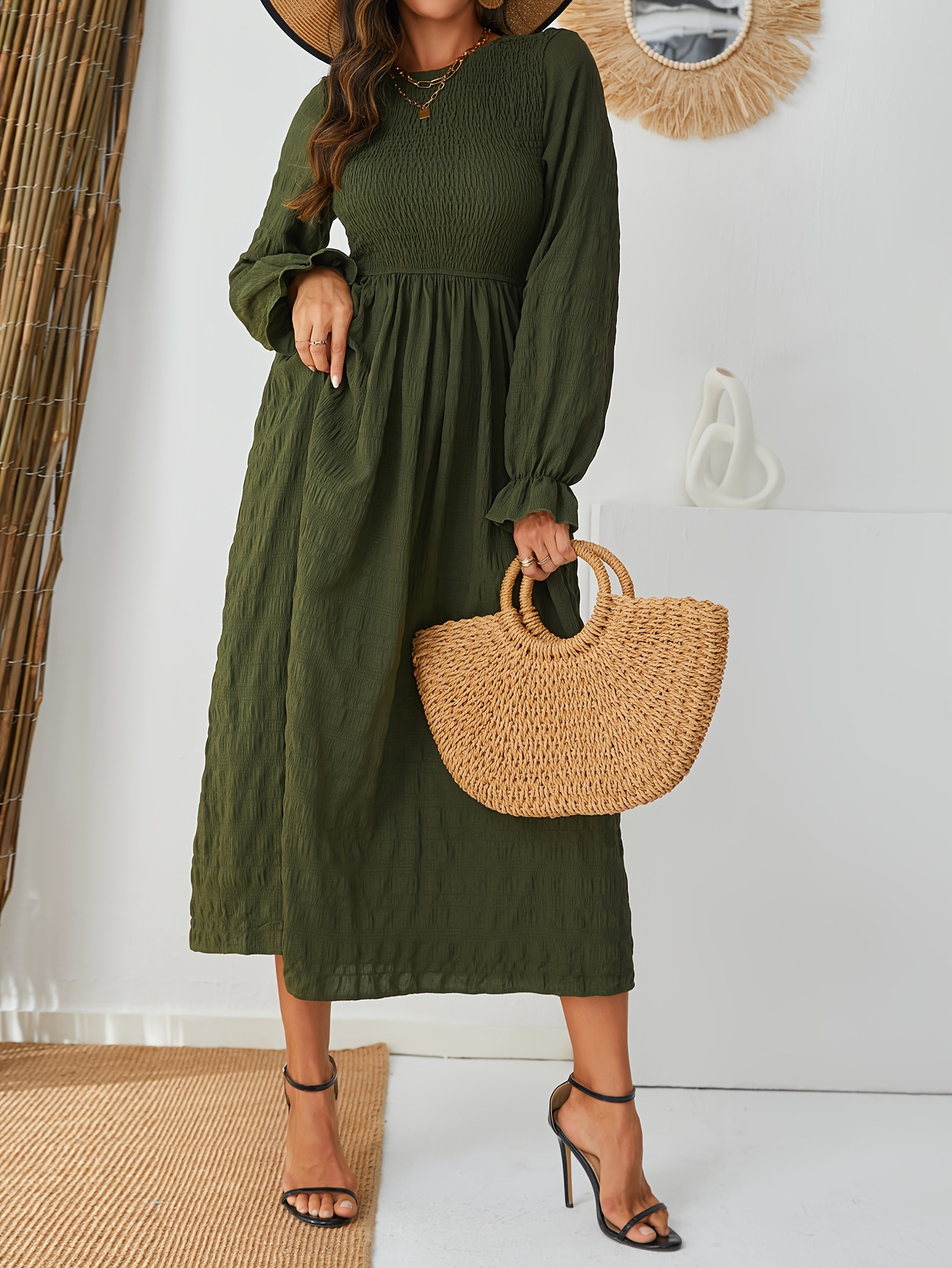 Shirred A line Solid Dress Casual Crew Neck Long Sleeve - Temu Australia