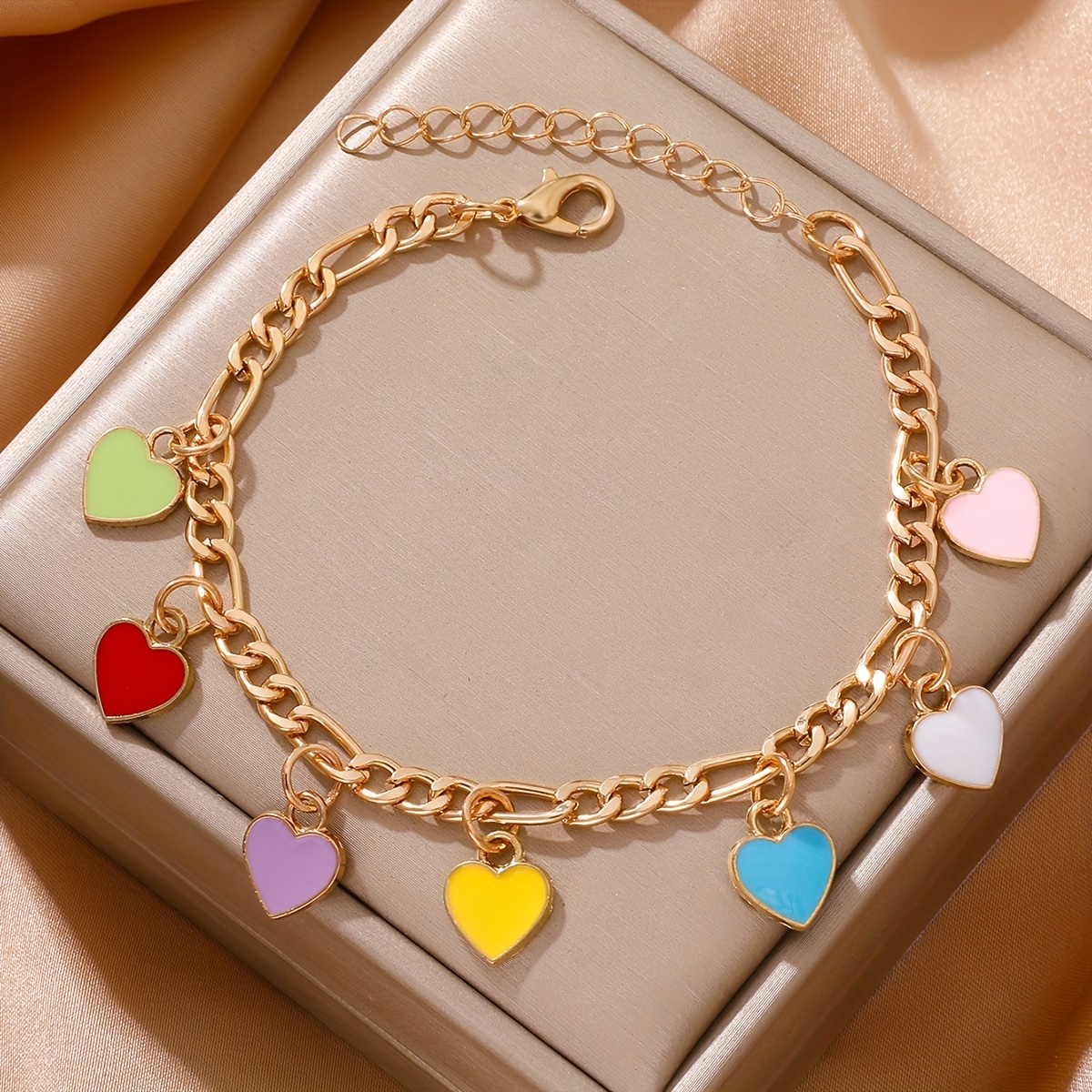 Colorful Love Heart Shape Tassel Pendant Link Chain Bracelet - Temu New ...