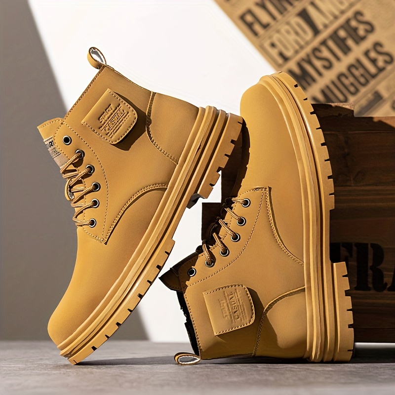 Mens Trendy Versatile Solid High Top Boots Wear Resistant Non Lip Lace Up Boots For Outdoor ...