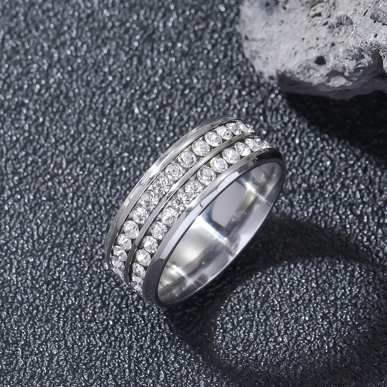 Round Rhinestone Double Row Ring Stainless Steel Rings - Temu United ...