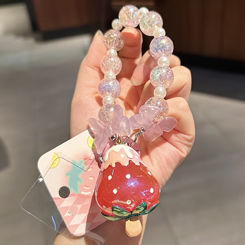 Cream Strawberry Stick Ice String Beaded Chain Keychain - Temu Australia