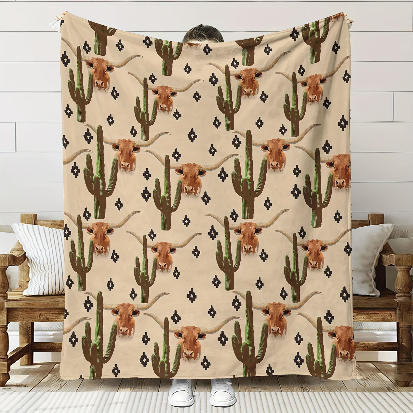 Cow Cactus Pattern Flannel Blanket Soft Warm Throw Blanket - Temu New ...