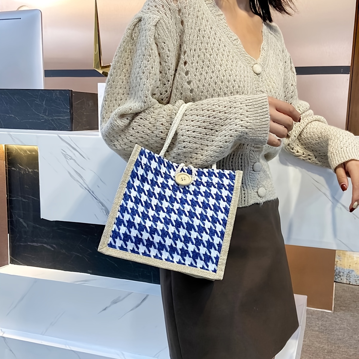 Aesthetic Plaid Pattern Handbag Fashion Burlap Tote Bag - Temu Australia