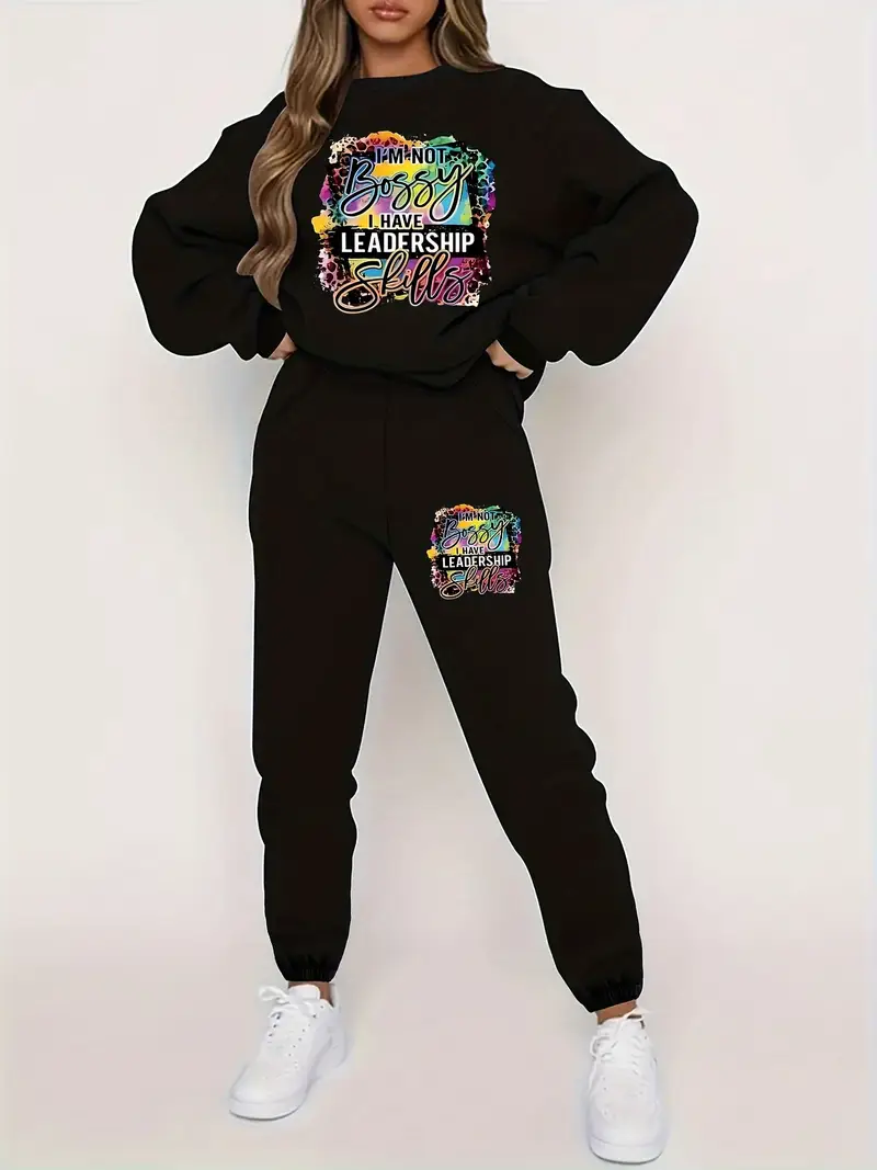 Colorful Letter Print Two Piece Set Long Sleeve Crew Neck Temu New