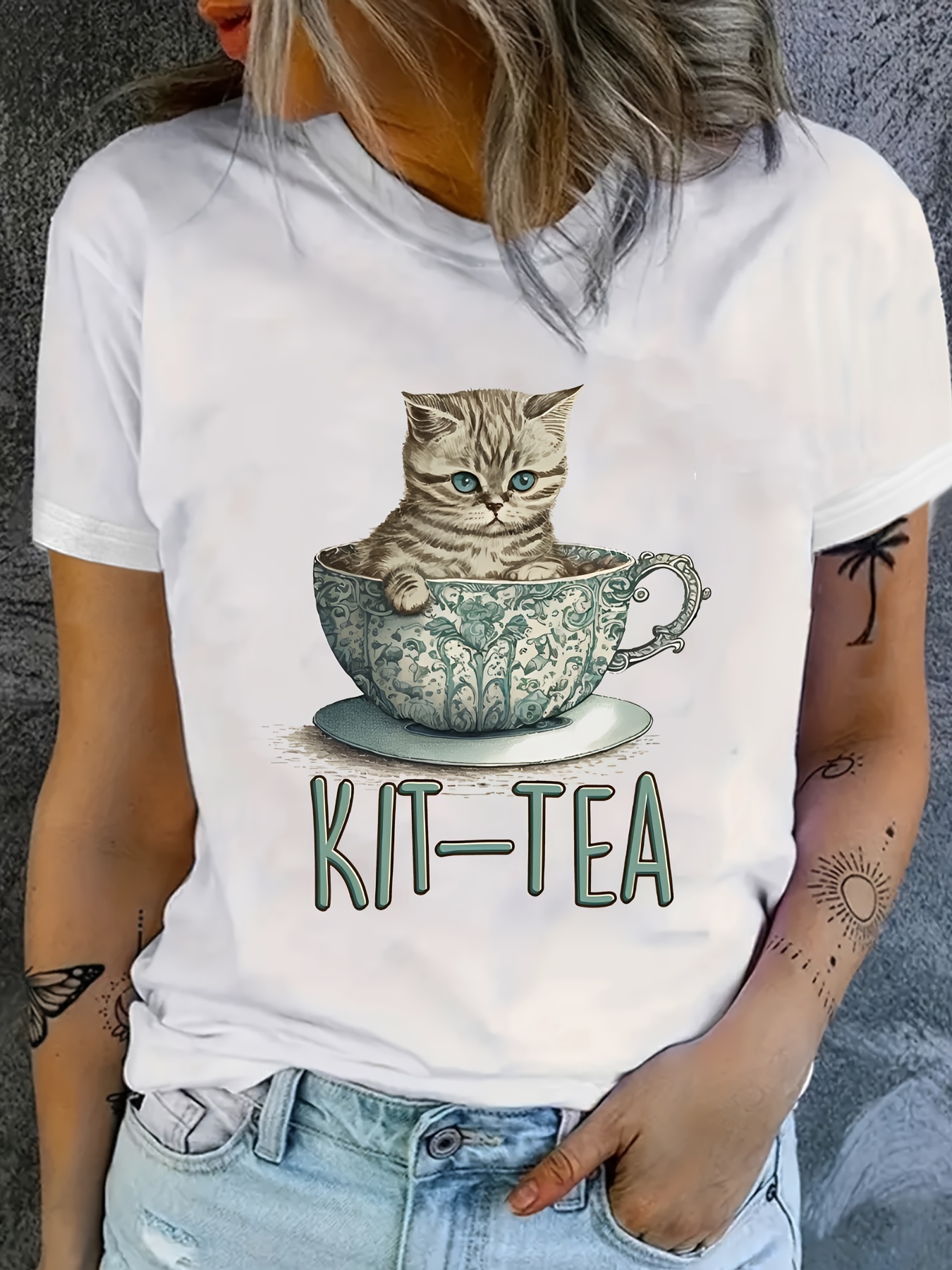 Cute Cat Print T shirt Short Sleeve Crew Neck Casual Top - Temu Australia