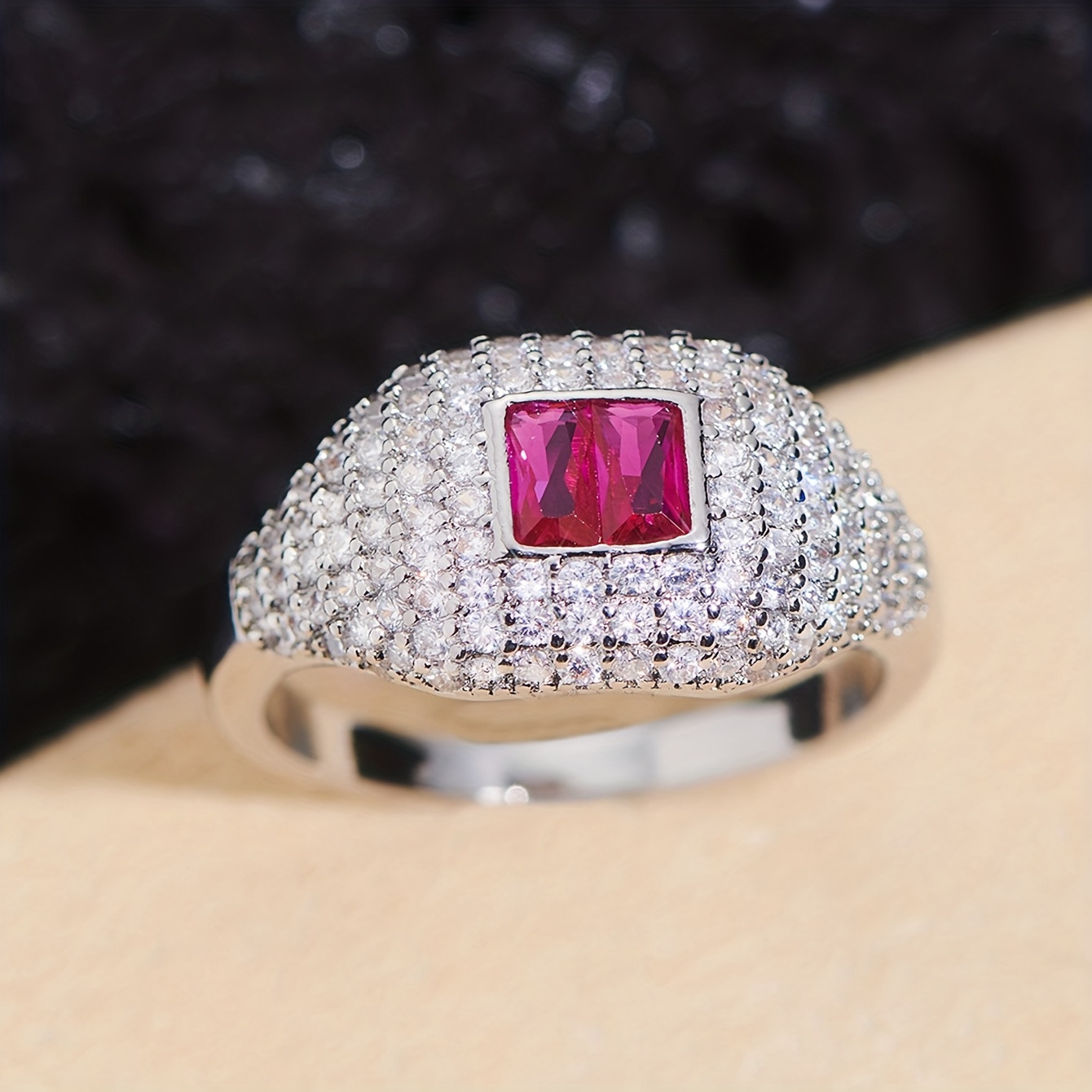 Luxurious Set With Square Red Cubic Zirconia Ring, Perfect Gift For ...