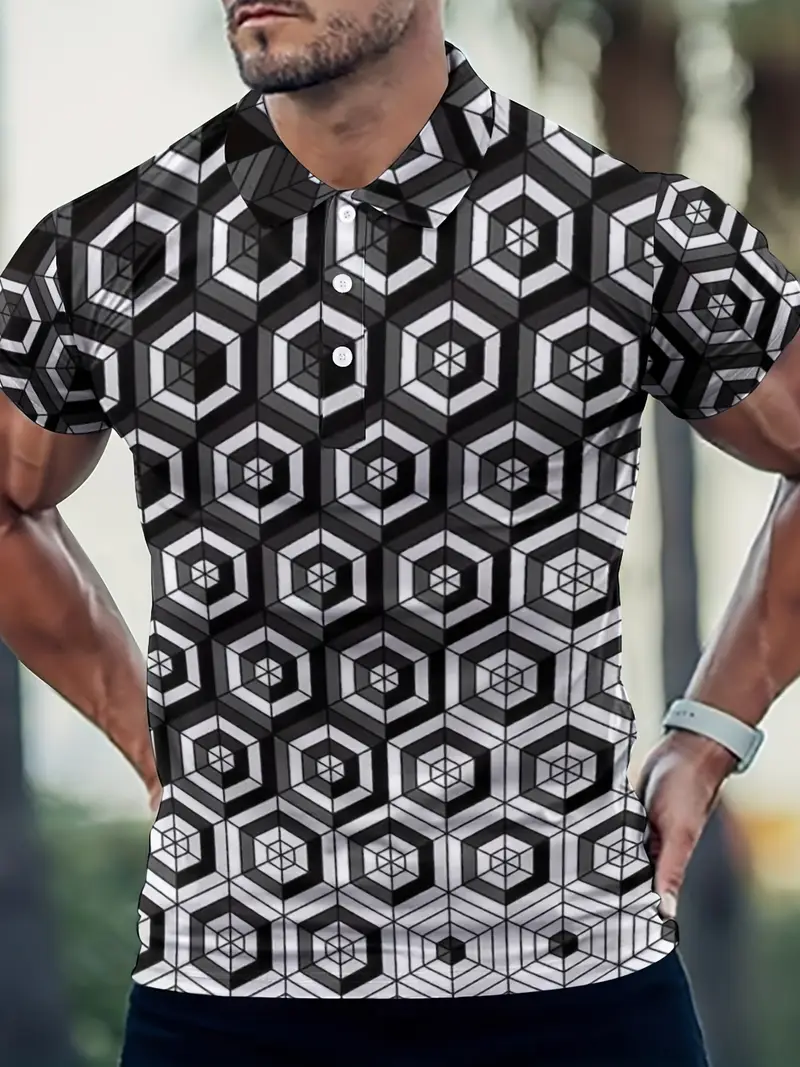 Geometric Pattern Casual Slightly Stretch Button Up Short Temu Australia