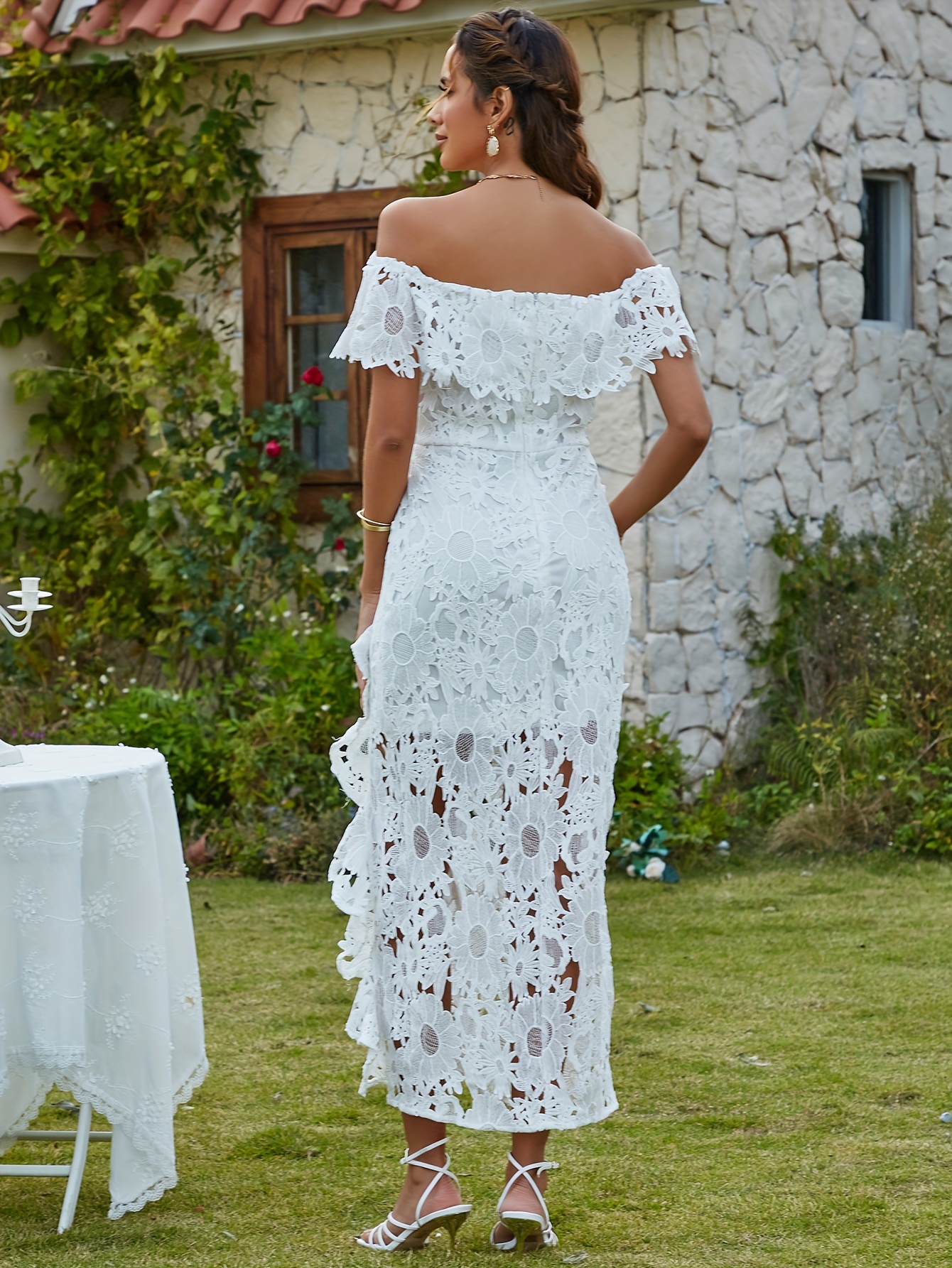 Shoulder Eyelet Lace Dress Elegant Ruffle Trim Backless Temu