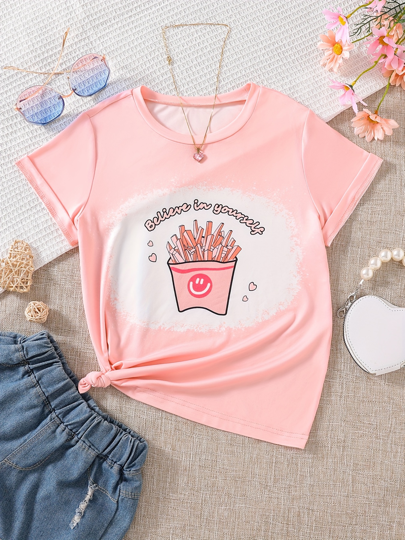 Girl s Cute T shirt believe In French Fries Graphic Print - Temu Australia