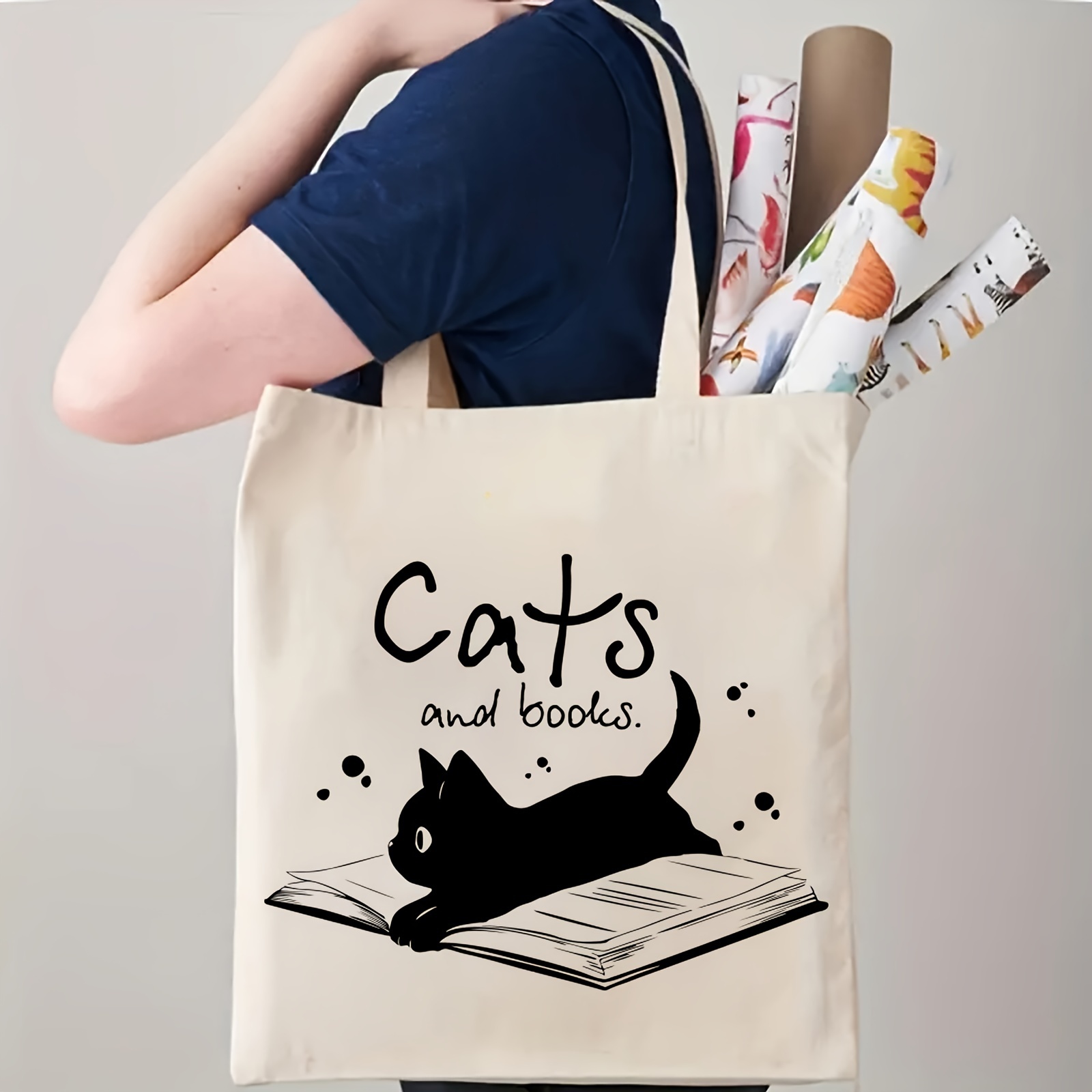 Cute Cat Book Print Tote Bag Casual Large Capacity Shoulder - Temu Canada