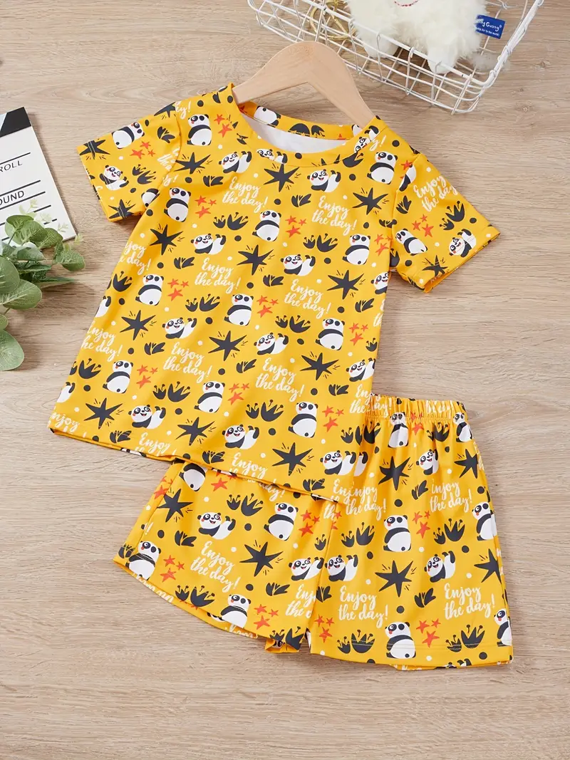 男の子漫画パンダプリント Tシャツとショーツセット 半袖トップとパンツ夏の幼児キッズ子供用 Temu Japan