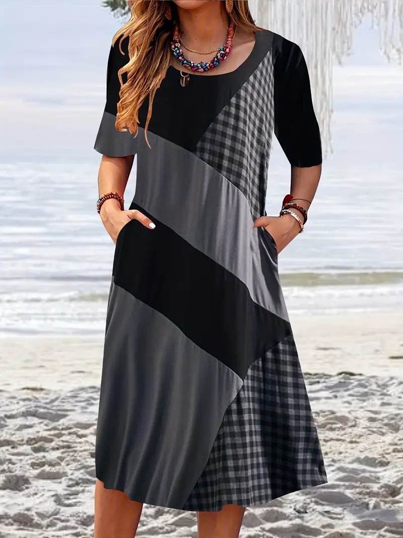 Casual Dress Plus Size Women S Plus Colorblock Gingham Print Temu Canada