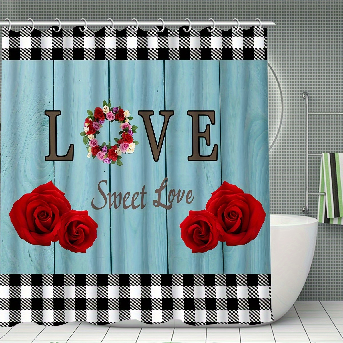 Plaid Letter Floral Printed Shower Curtain Set Waterproof - Temu United ...