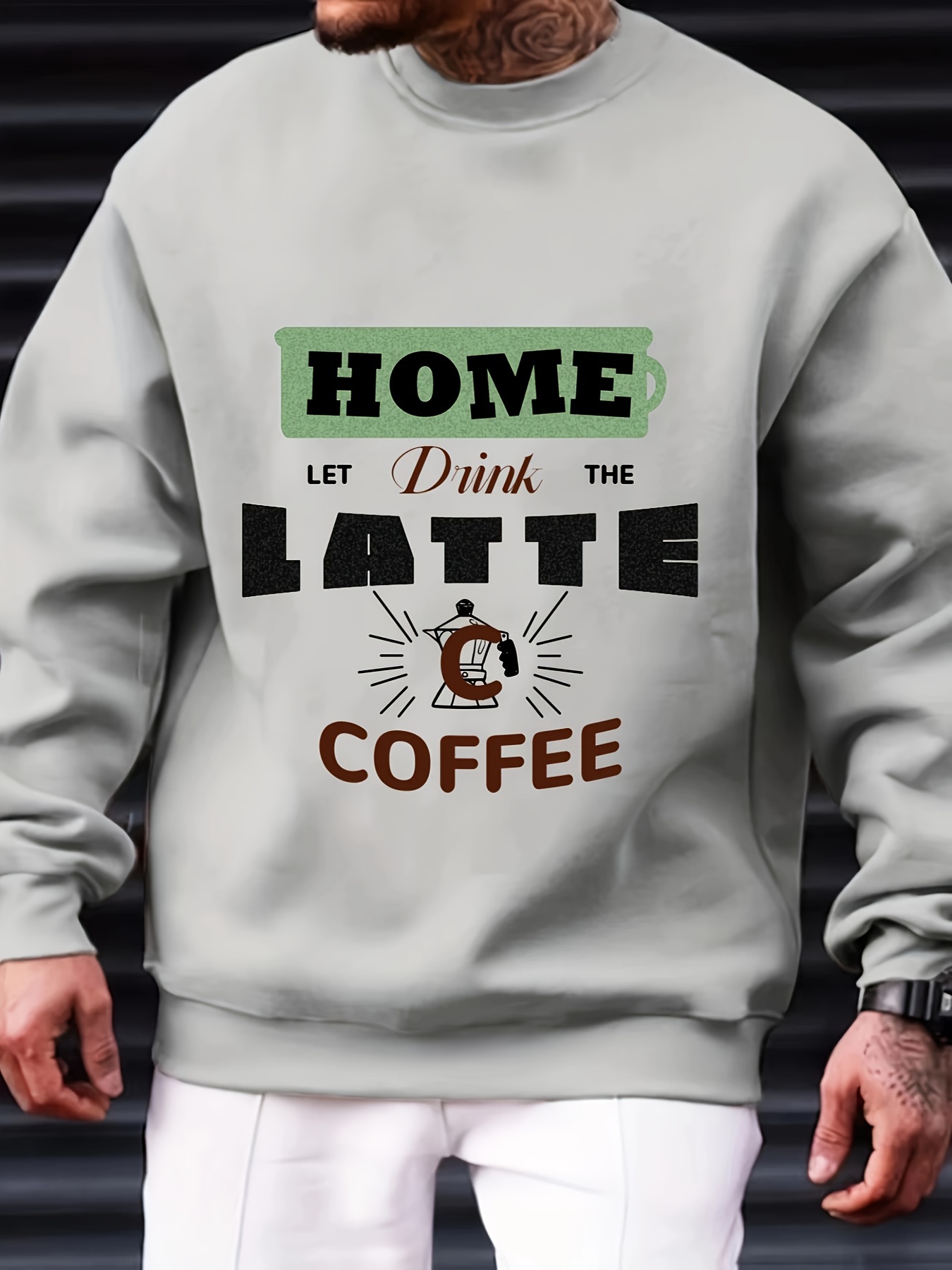 Coffee Print Men's Fashionable Casual Round Neck Pullover - Temu Australia