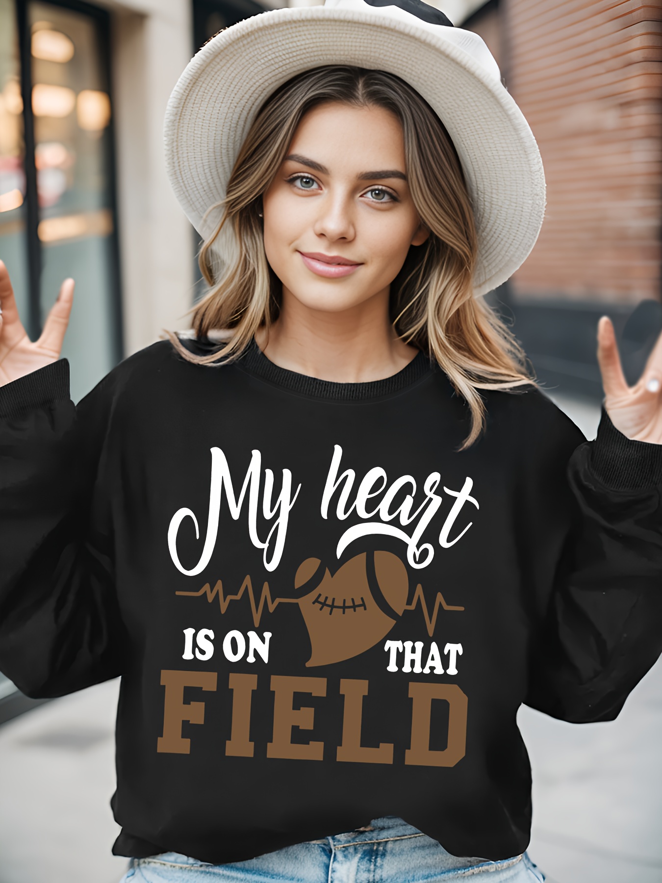Football Heart Letter Print Sweatshirt Casual Crew Neck Long - Temu Ireland