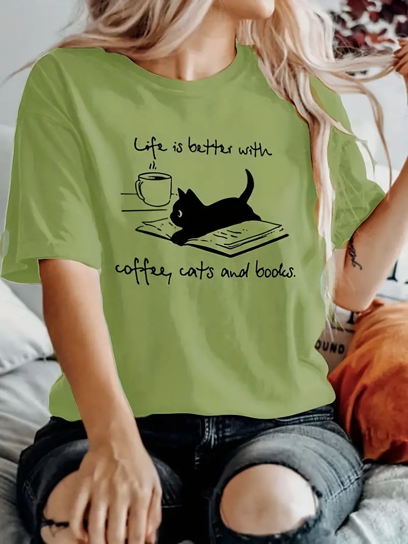 Cat Letter Print Crew Neck T Shirt Casual Short Sleeve T Temu