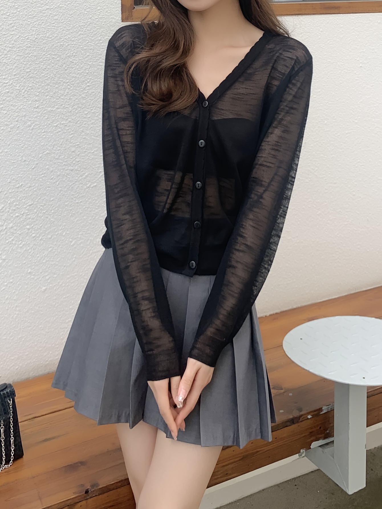 Solid Button Thin Coverup Casual V Neck Long Sleeve Cardigan - Temu New ...