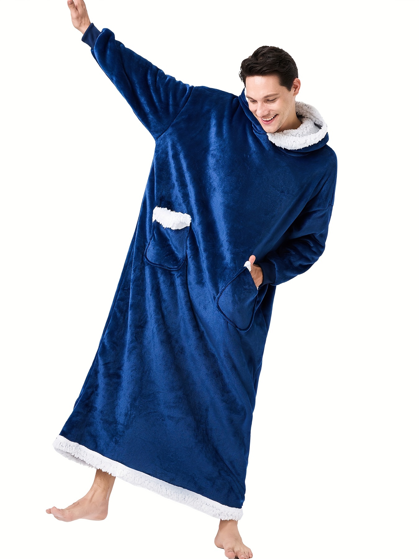 Men's Trendy Pajamas Hooded Warm Robe With Pocket, Solid One-piece ...