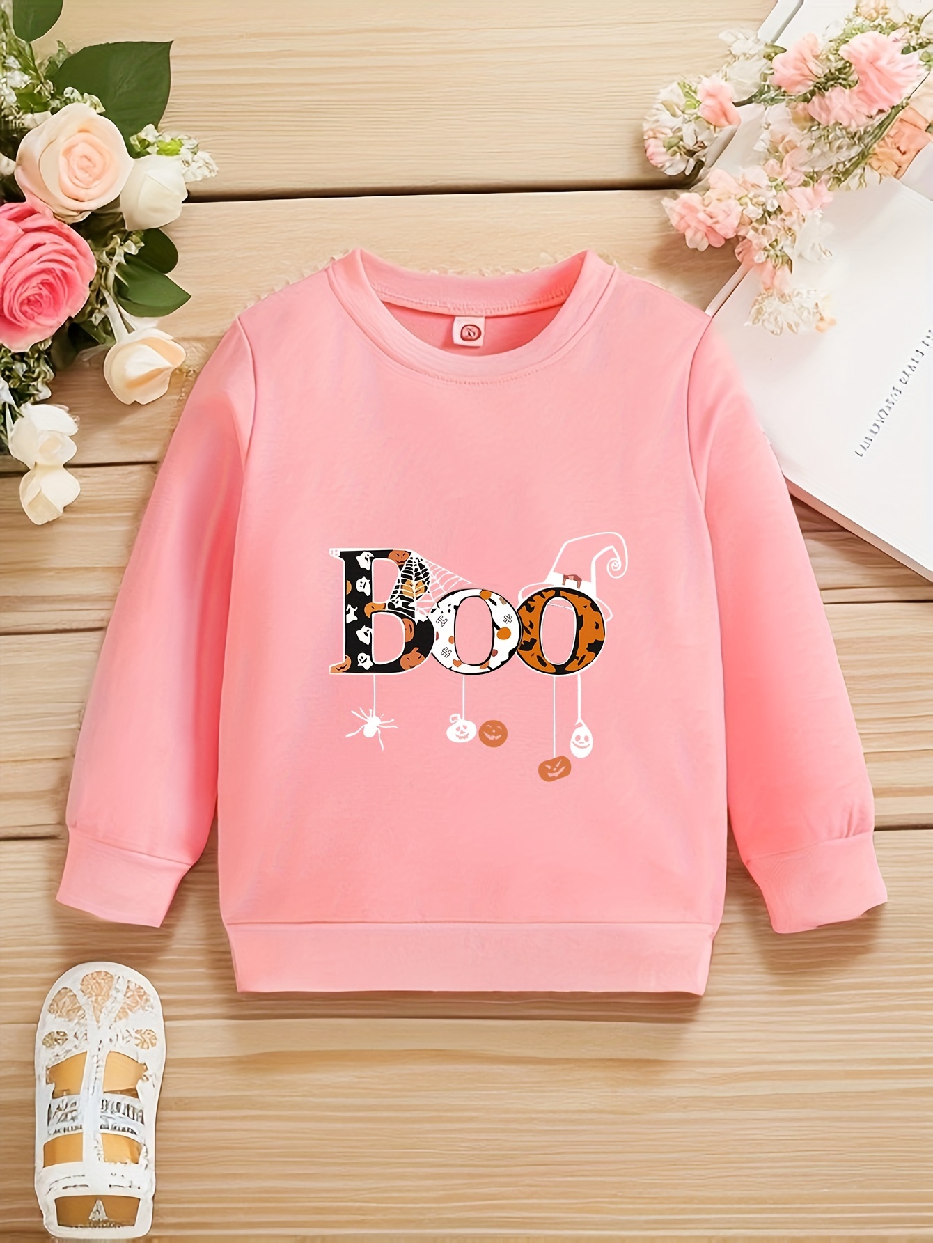 Boo Print Crew Neck Pullover Girl Trendy Tops Autumn Party - Temu New ...