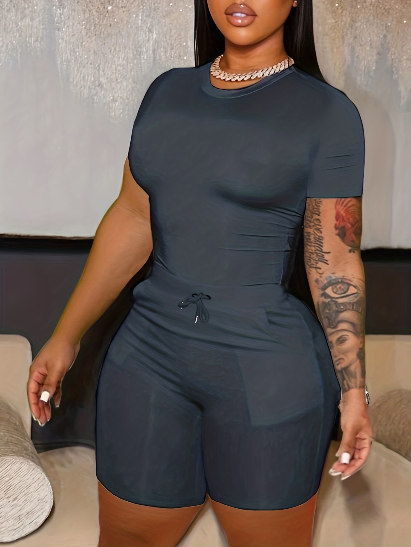 Casual Solid Two piece Set Short Sleeve T shirt Drawstring - Temu