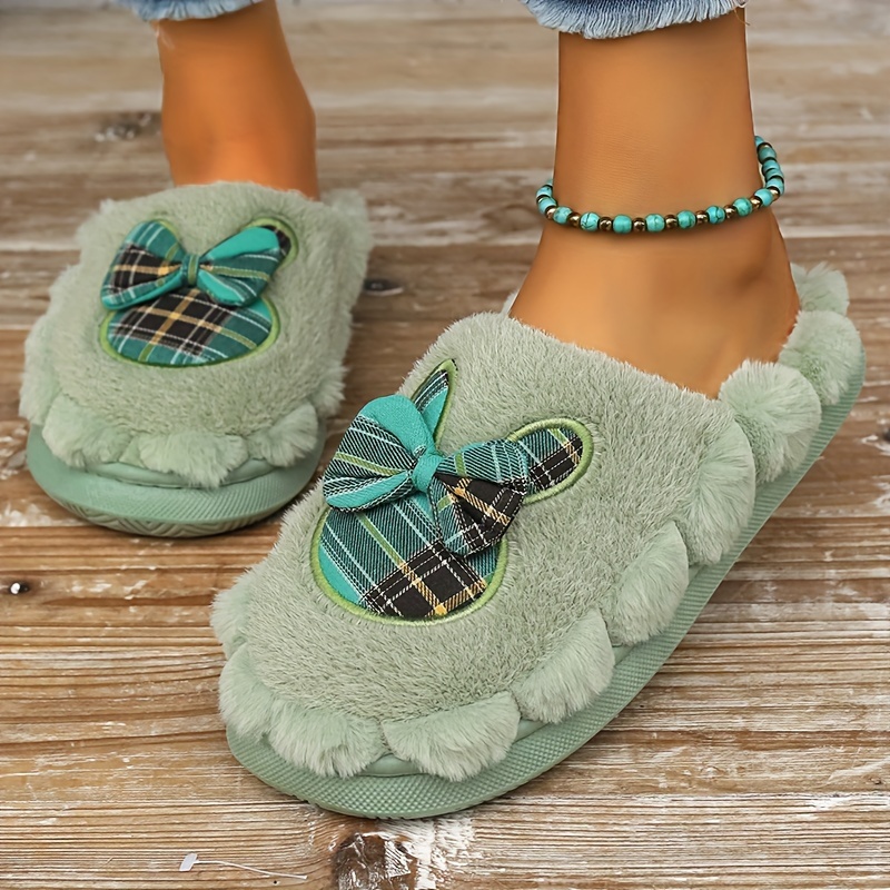 Cute Bowknot Decor Slippers Casual Slip Plush Lined Shoes - Temu Canada