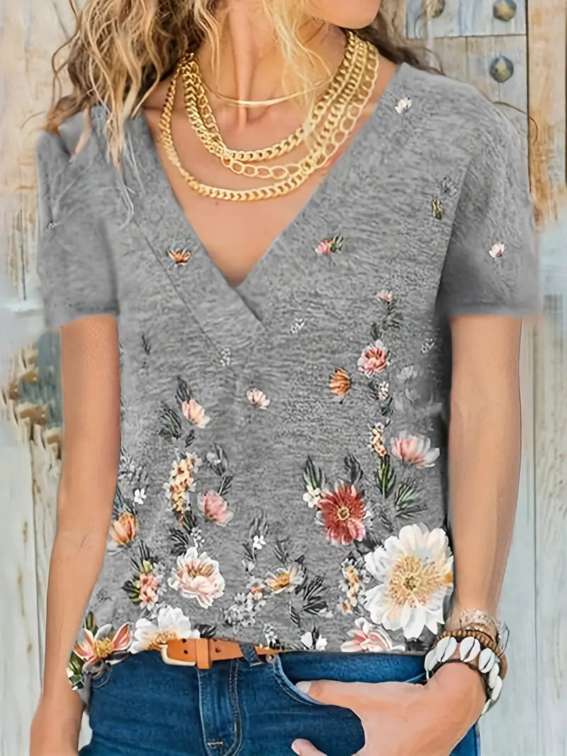 Floral Print V Neck T Shirt Casual Short Sleeve T Shirt Temu