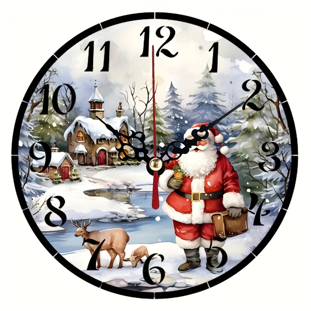 Round Wall Clock Silent Non-ticking Clock Home Christmas Wreath Decor ...