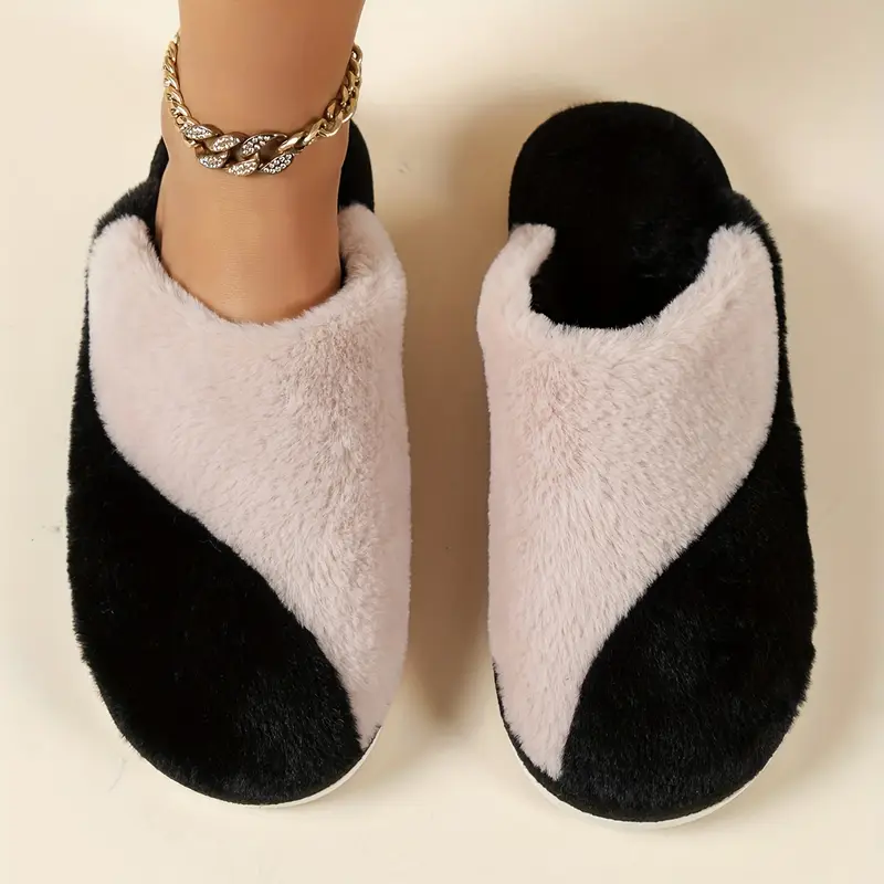 Winter Plush Slippers Colorblock Winter Warm Soft Sole Flat Temu