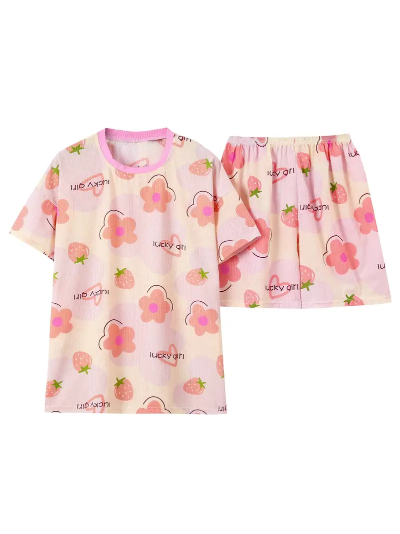 Plus Size Cute Pajamas Set Womens Plus Cartoon Floral Print Temu New