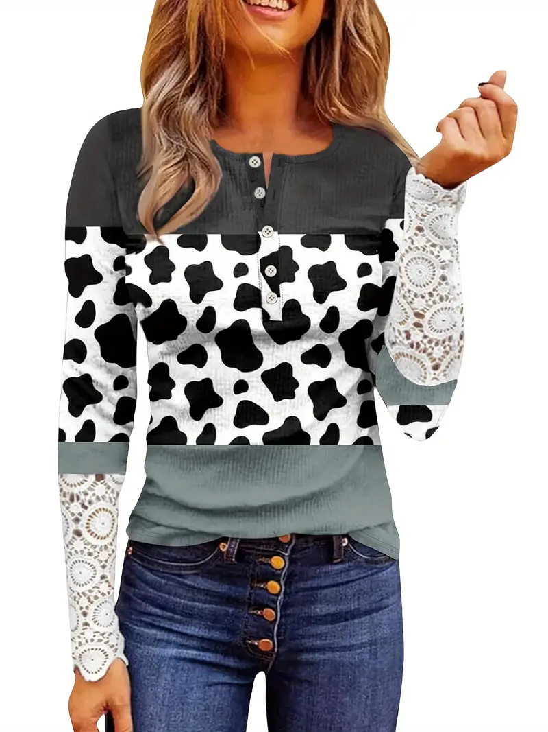 Lace Stitching Colorblock Button Front T Shirt Casual Long Temu