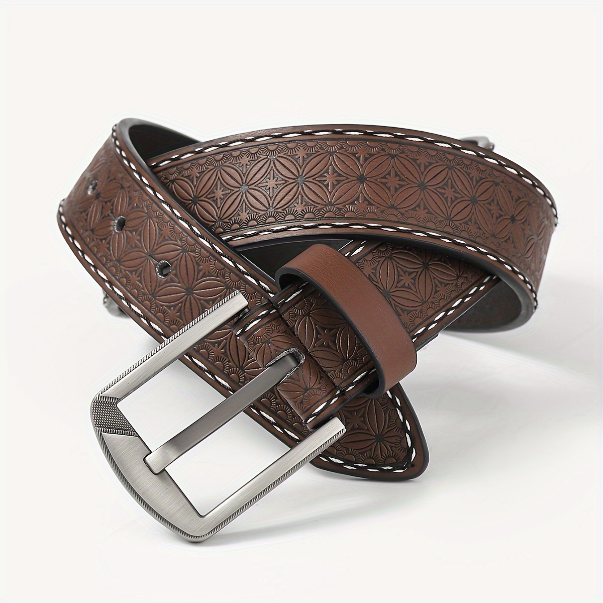 mens stylish embossed belt with alloy casual deep brown pu leather ...