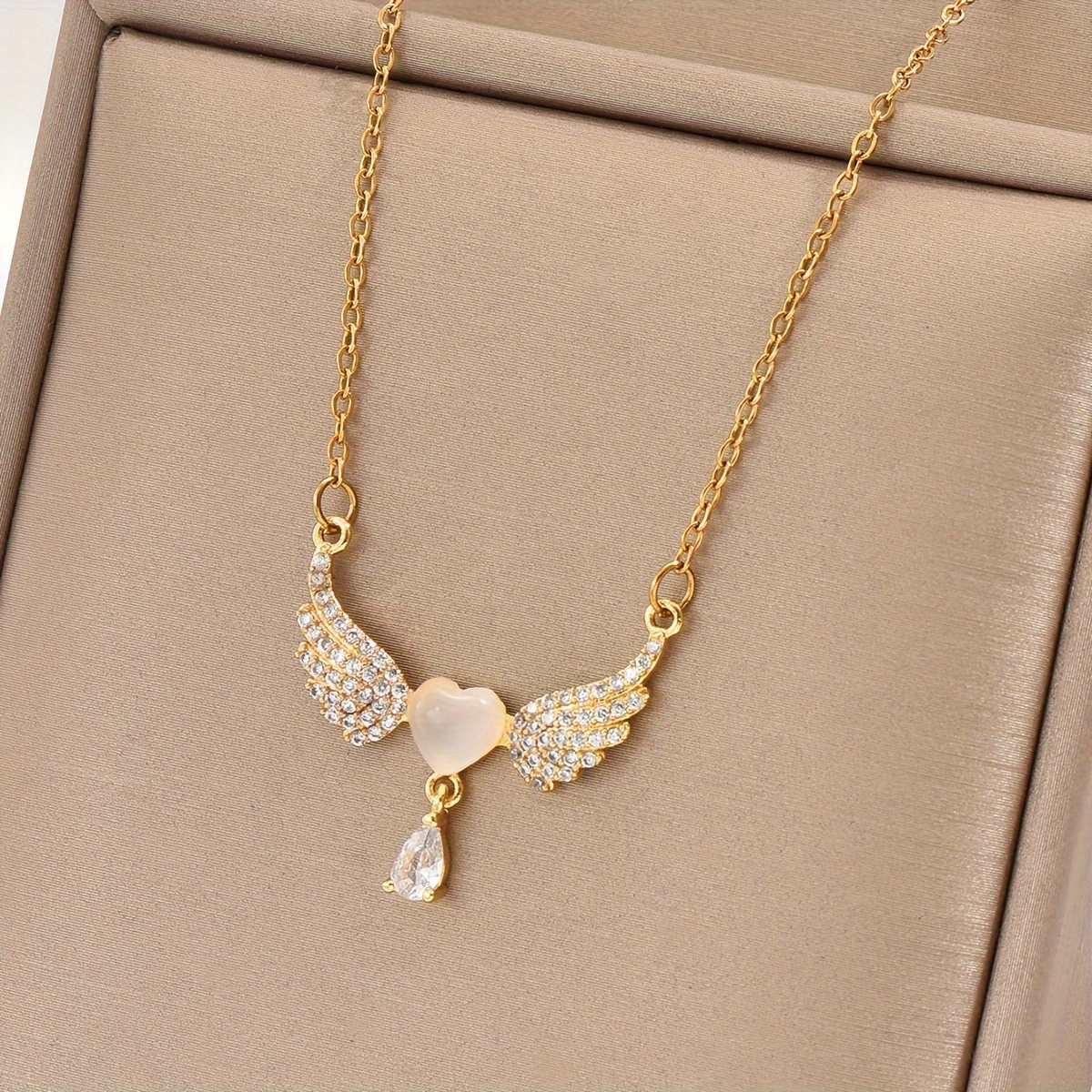 Golden Stainless Steel Chain Rhinestone Heart Feather Wings - Temu ...