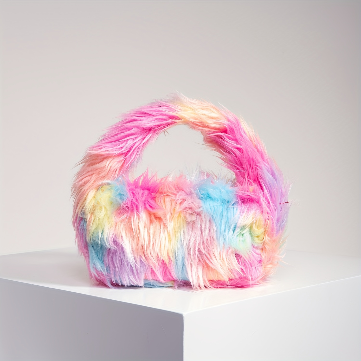 Rainbow Pattern Fluffy Soft Handbag Faux Fur Satchel - Temu United Kingdom