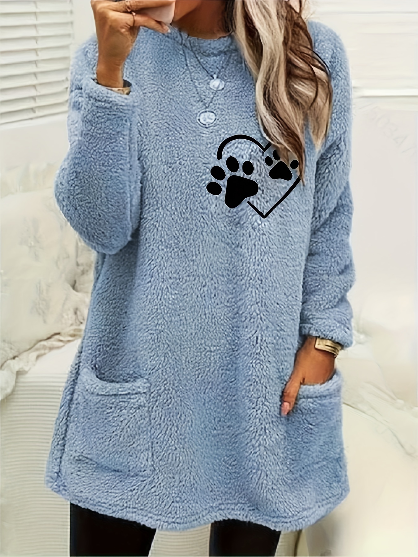 Paw Heart Print Teddy Bear Sweatshirt Casual Long Sleeve - Temu New Zealand