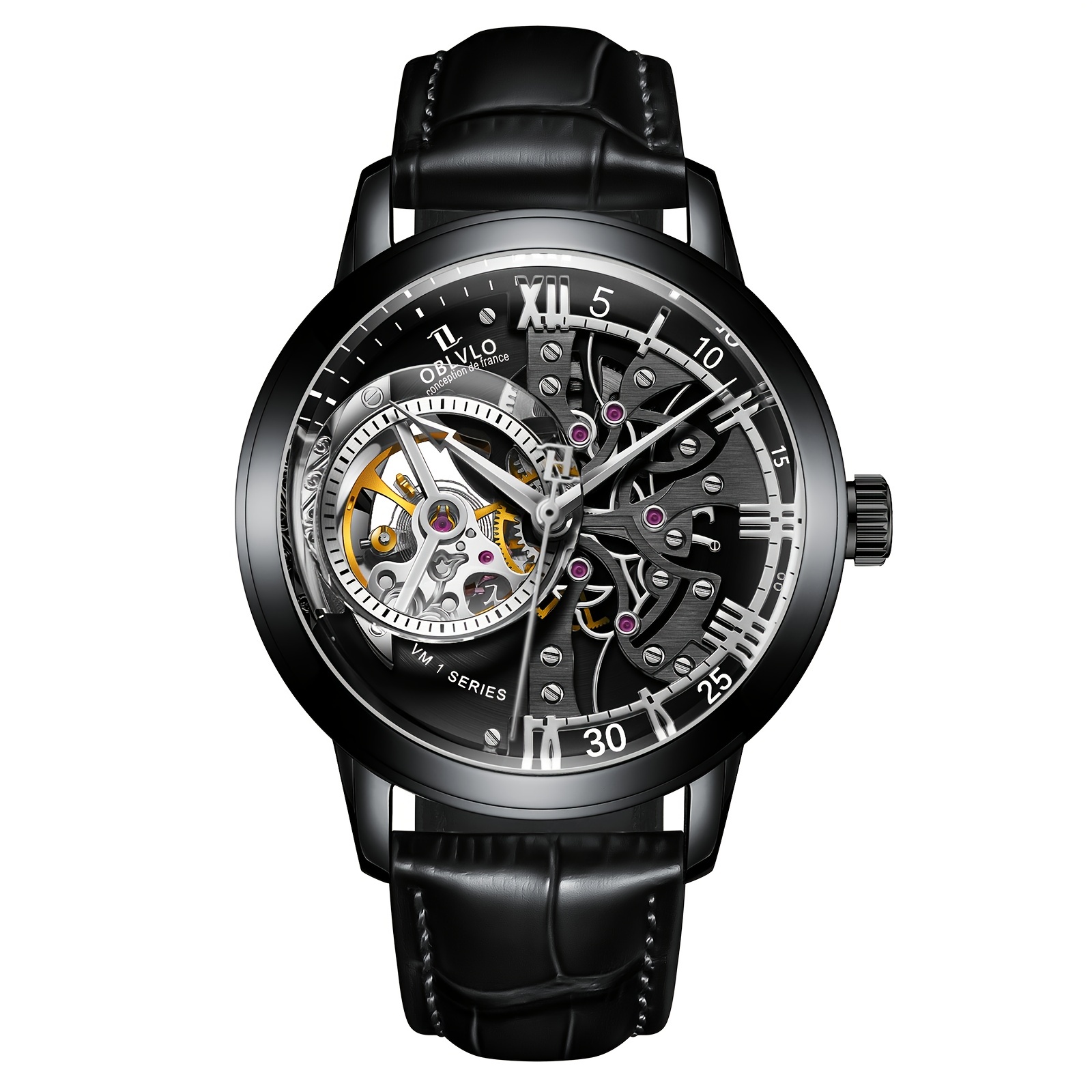 Mens Automatic Mechanical Watch Hollow Artificial Sapphire Mirror Watch ...