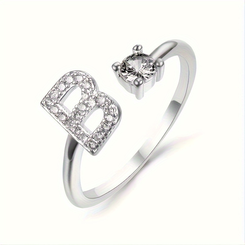 925 Sterling Silver Zircon Letter Open Ring Elegant Finger - Temu ...