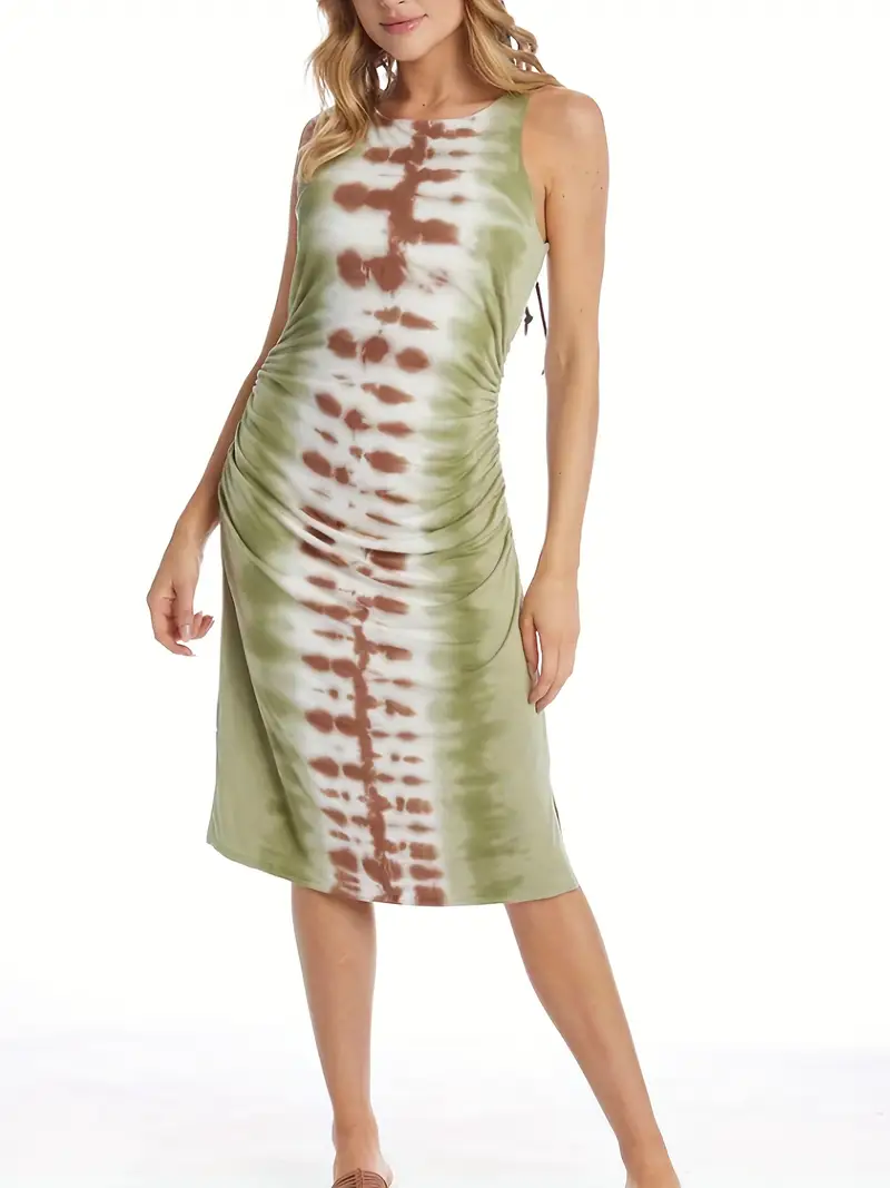 Abstract Print Split Dress Boho Crew Neck Ruched Bodycon Temu New Zealand