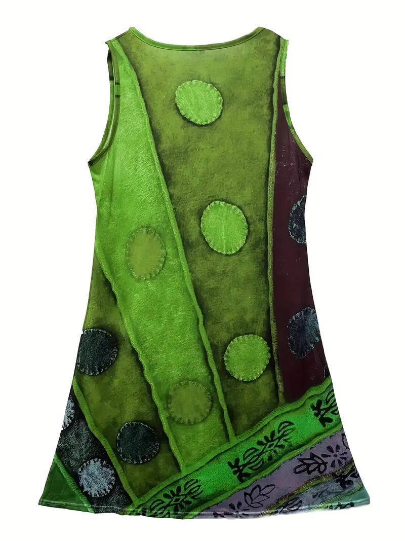 Vintage Printing Dress Casual Sleeveless V Neck Loose Regionname