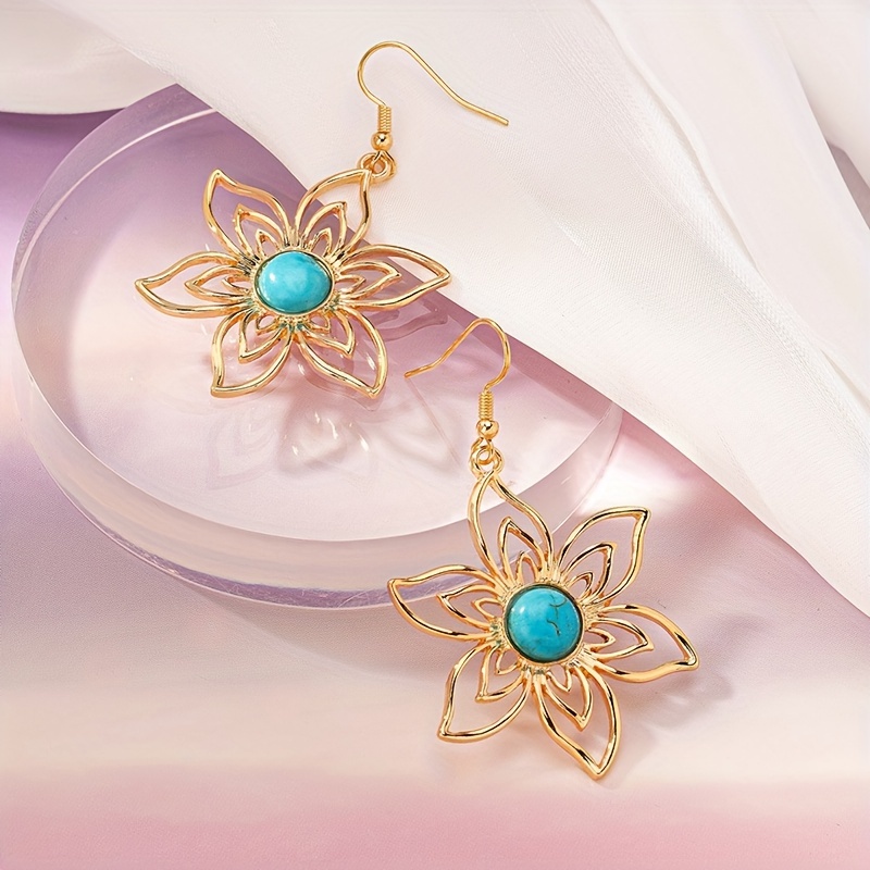 Exquisite Hollow Flower Resin Turquoise Inlaid Dangle - Temu United Kingdom