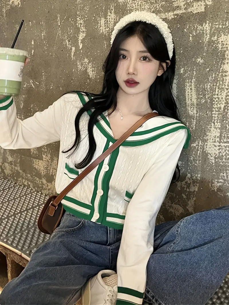 네이비 칼라 니트 가디건 캐주얼 긴팔 단추 크롭 스웨터 여성복 Temu Korea