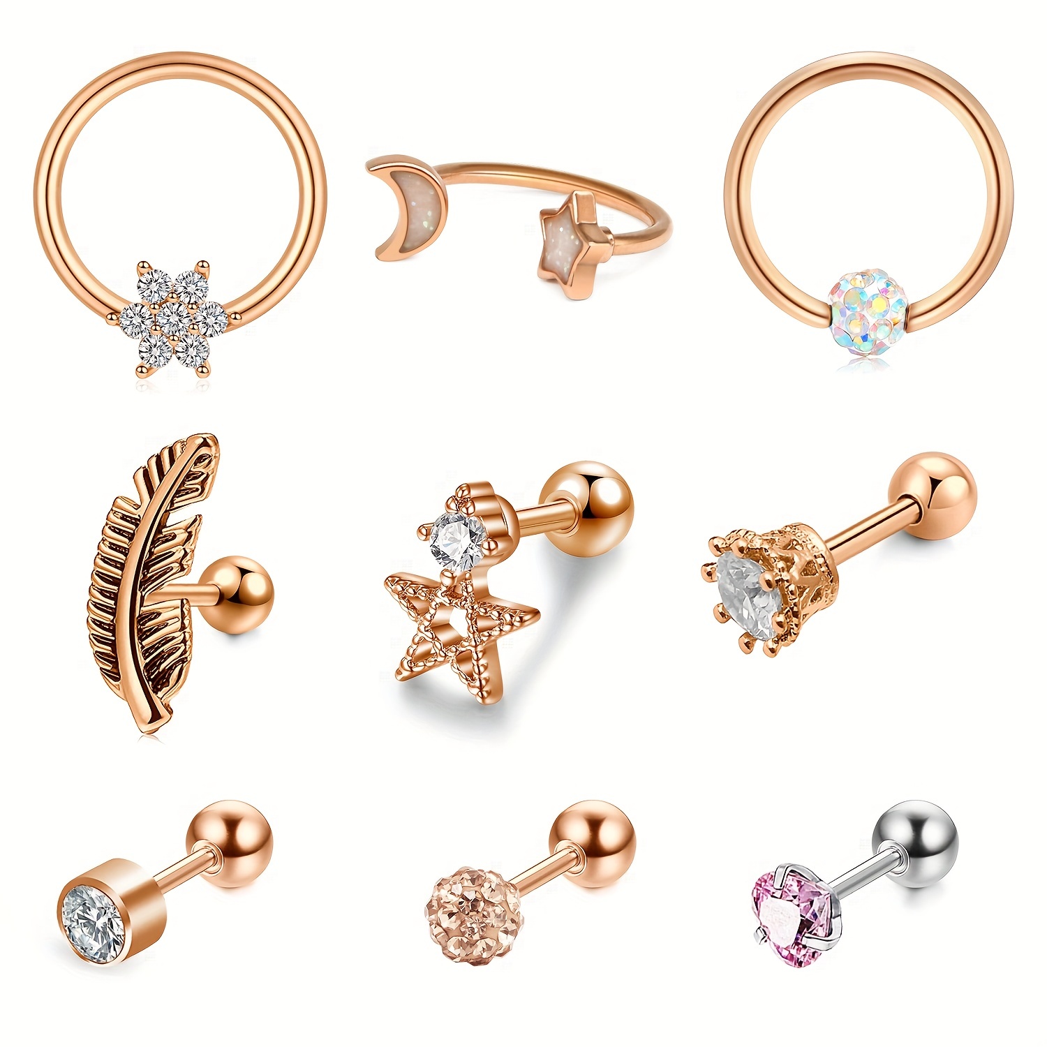 Star Crown Feather Ear Bone Stud, Stainless Steel Nose Ring, Men's Body ...