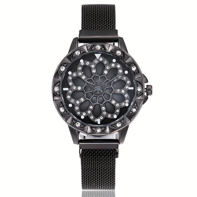 Women's Watch Elegant Rhinestone Flower Quartz Watch Rotating Dial ...