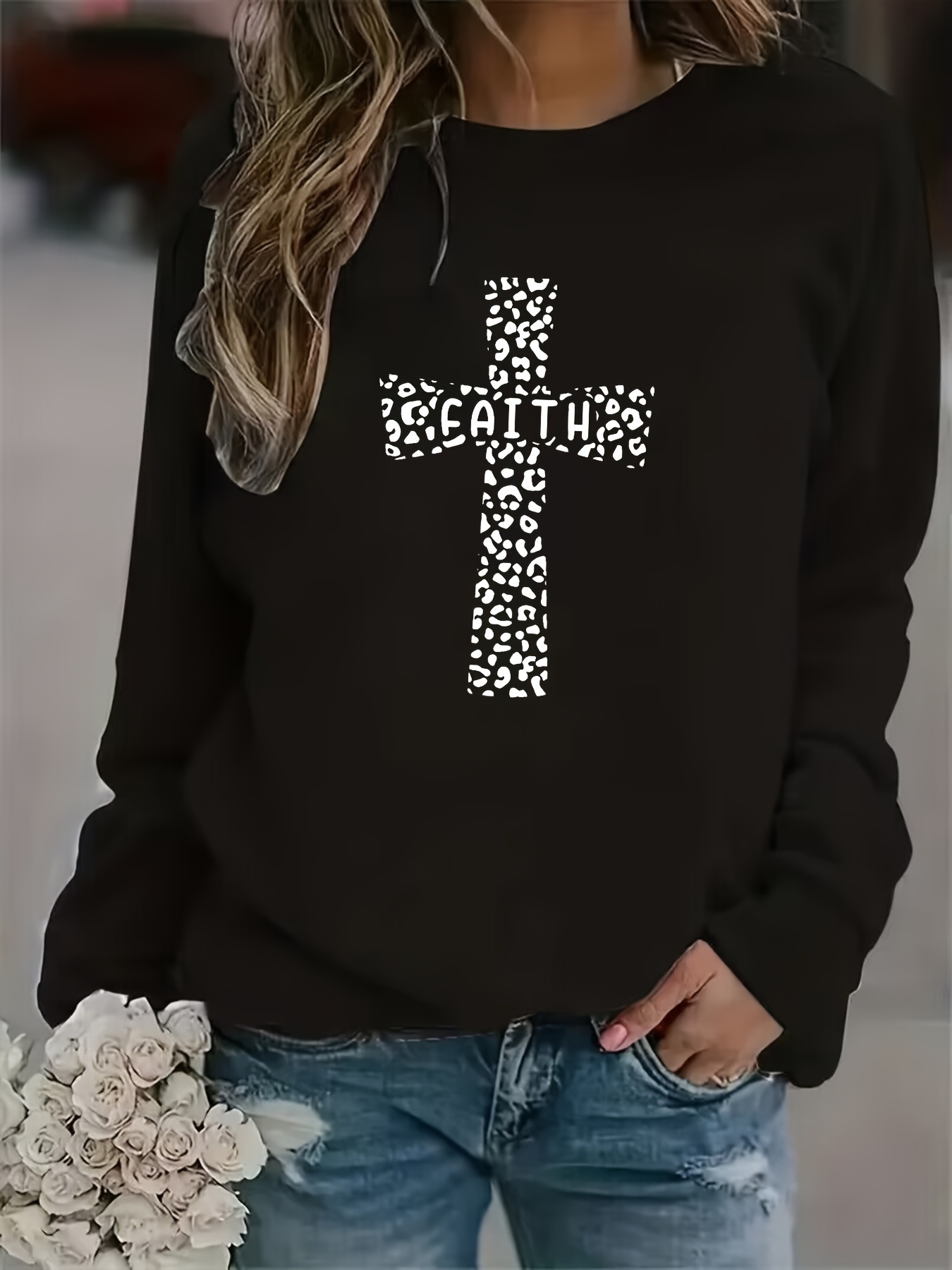 Faith Cross Print Sweatshirt Casual Crew Neck Long Sleeve - Temu Australia