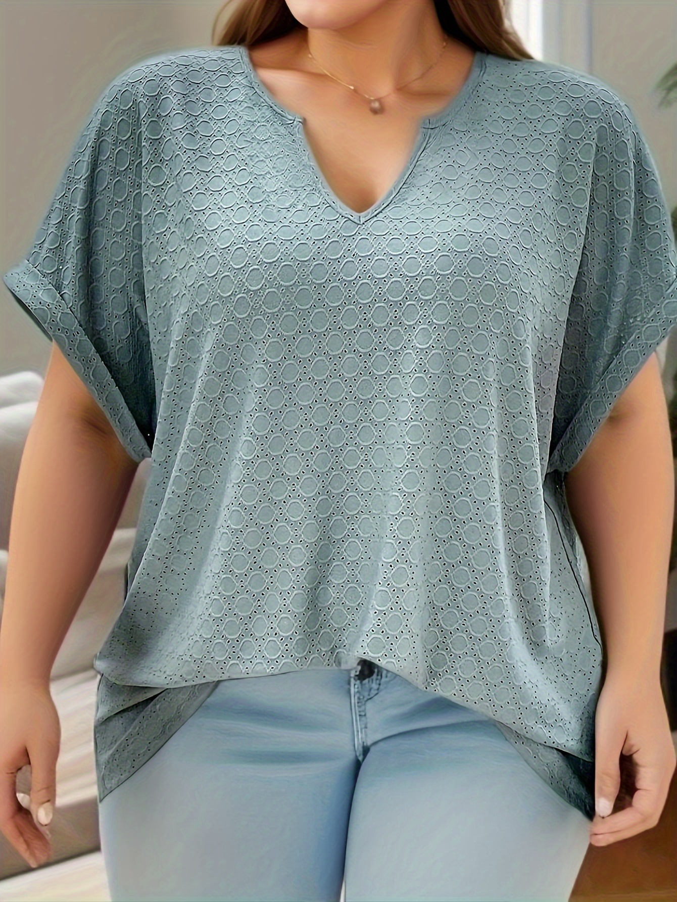 Casual T shirt Plus Size Women s Plus Solid Jacquard Short - Temu Australia